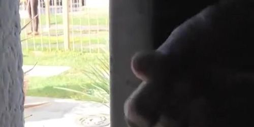 Guy Strokes His Penis Behind Door
